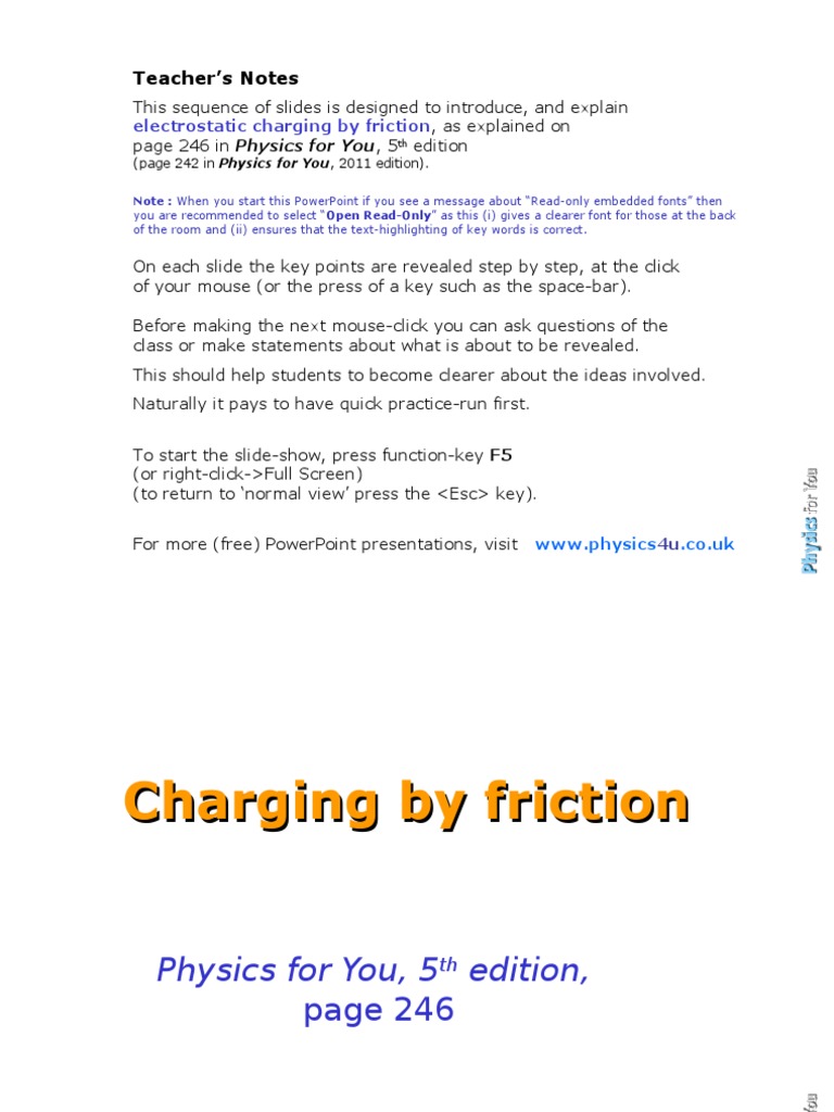 Teacher's Notes: Electrostatic Charging by Friction | PDF | Electric ...
