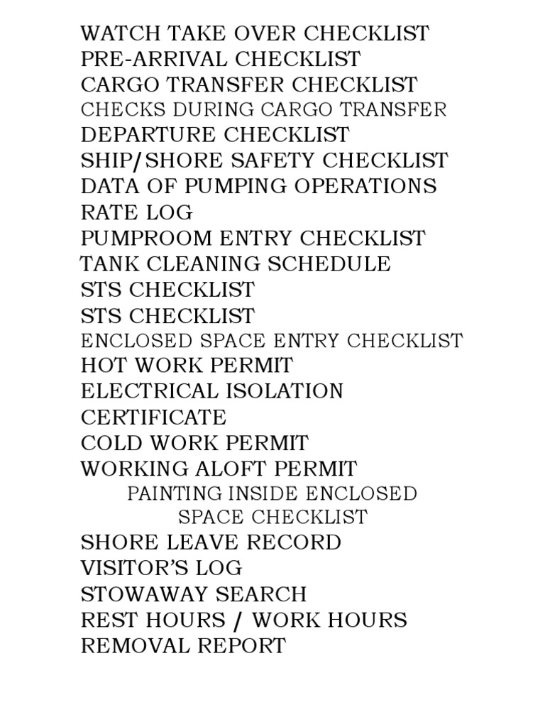 Checklist On Board Ship | PDF