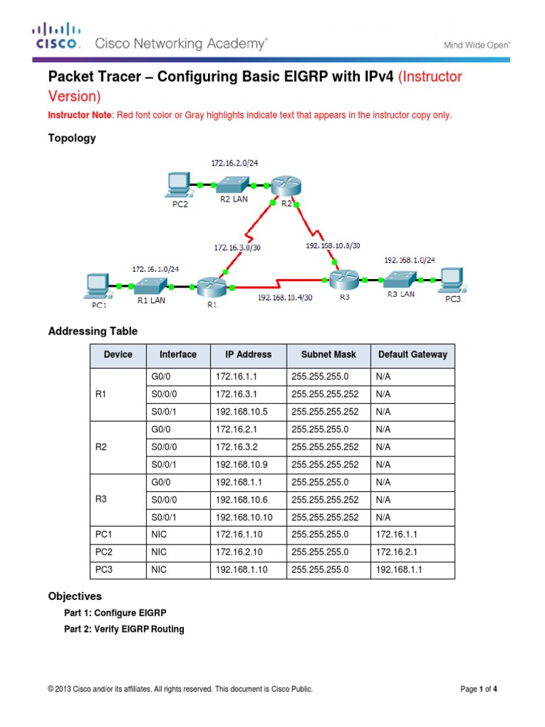 7.2.2.4 Packet Tracer - Configuring Basic EIGRP With IPv4 Instructions IG | PDF | Router ...