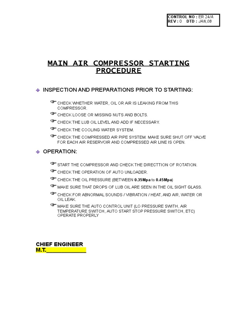 Main Air Compressor Starting Procedure | PDF