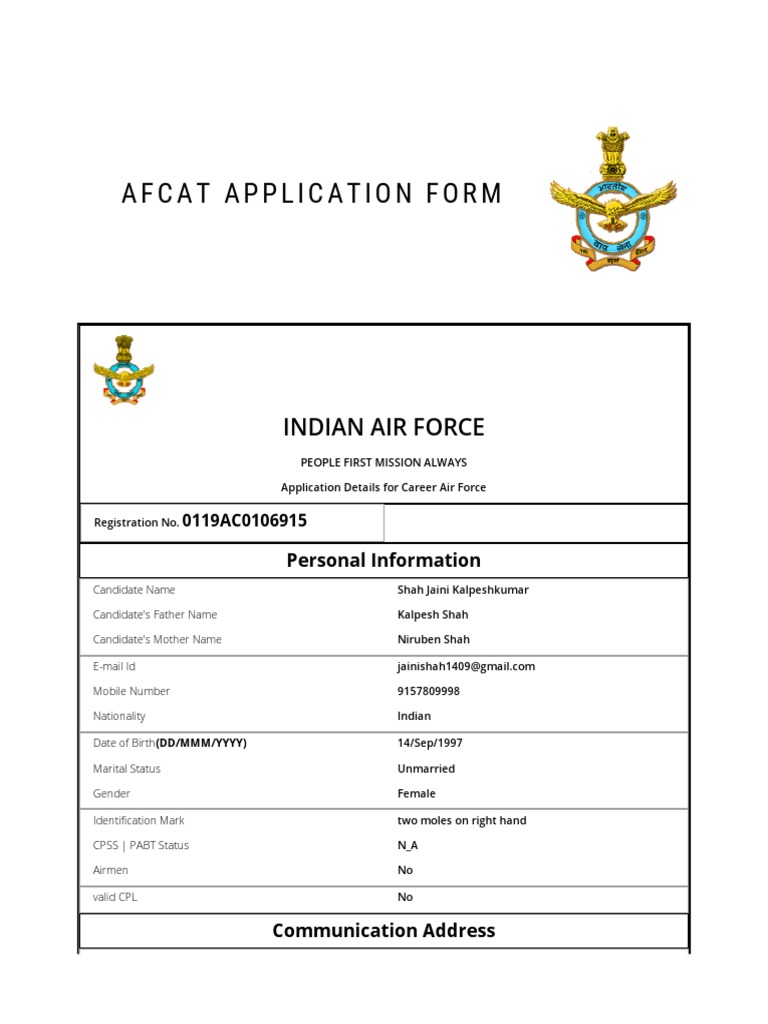 Afcat Application Form: Indian Air Force | PDF