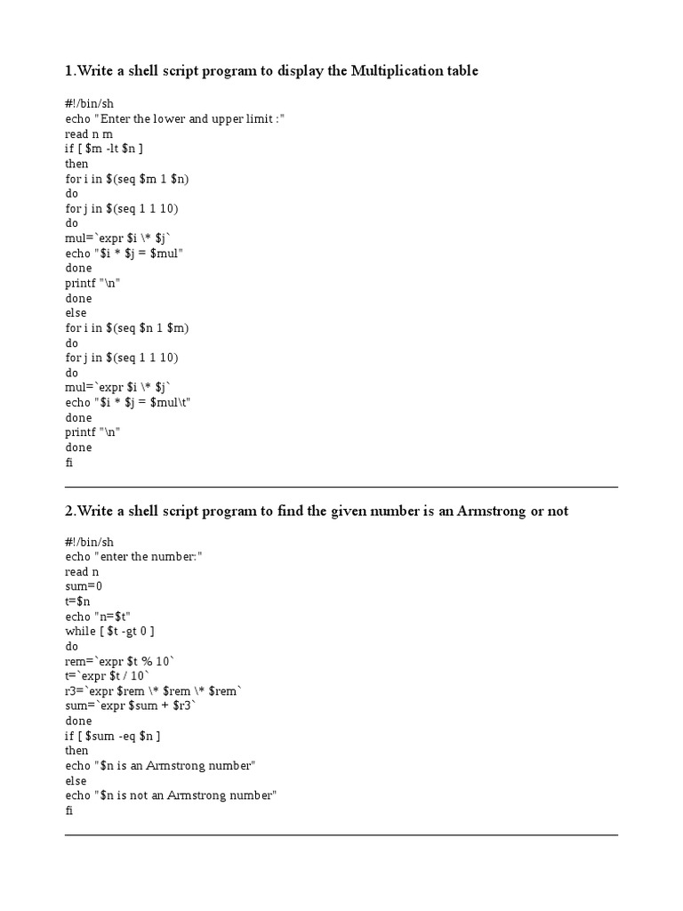 1 Write A Shell Script Program To Display The Multiplication Table Pdf Computer Programming