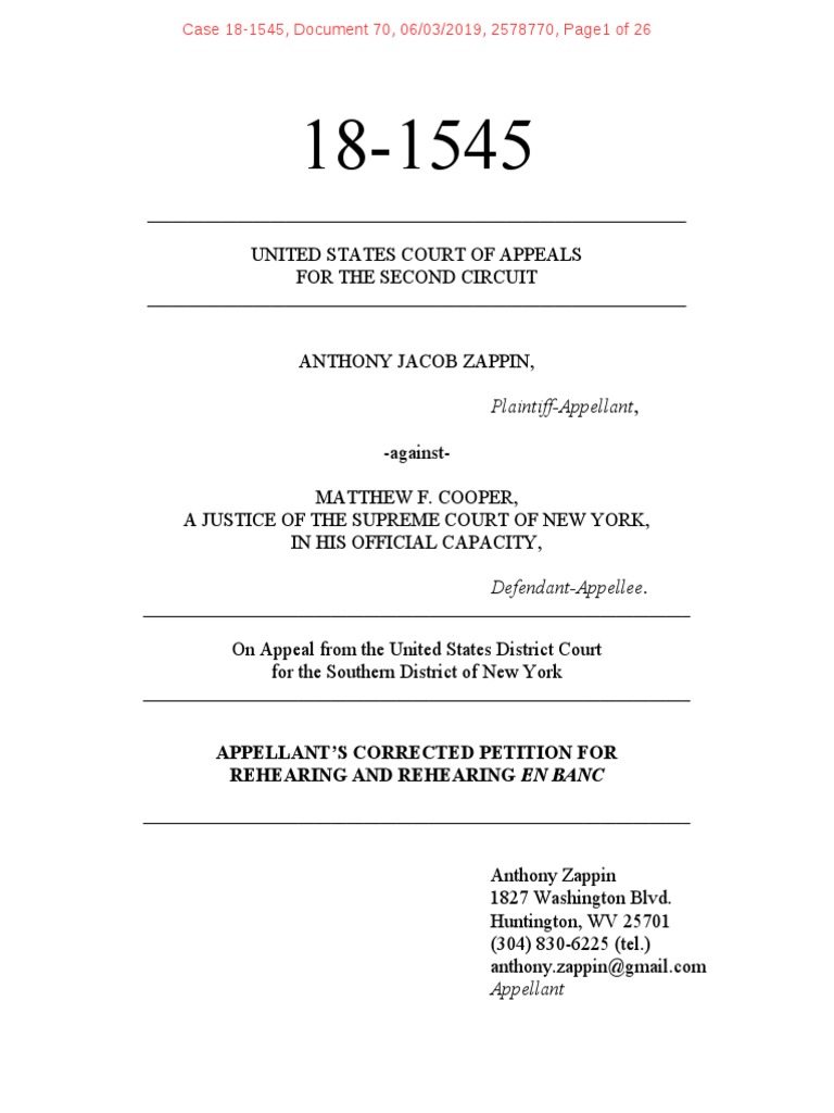 Zappin V Cooper Petition For Rehearing and Rehearing en Banc | PDF ...