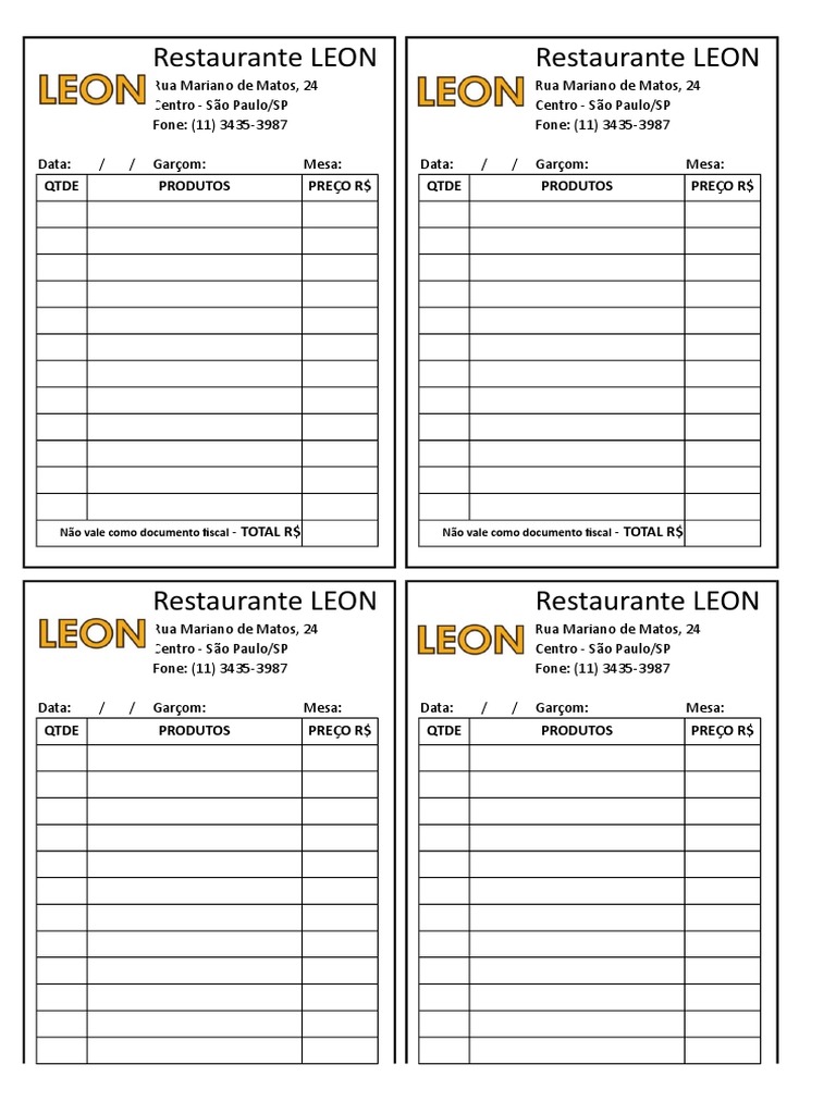 Modelo Comanda Branco | PDF