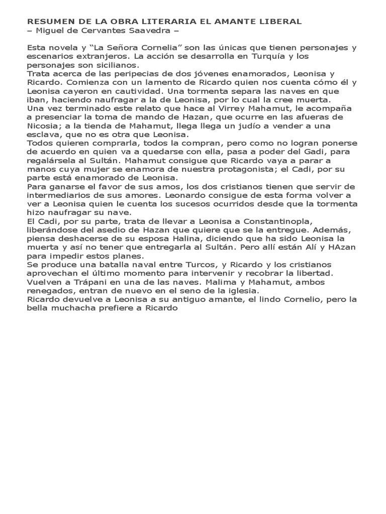 RESUMEN EL AMANTE LIBERAL - Miguel de Cervantes Saavedra DiarioInca | PDF