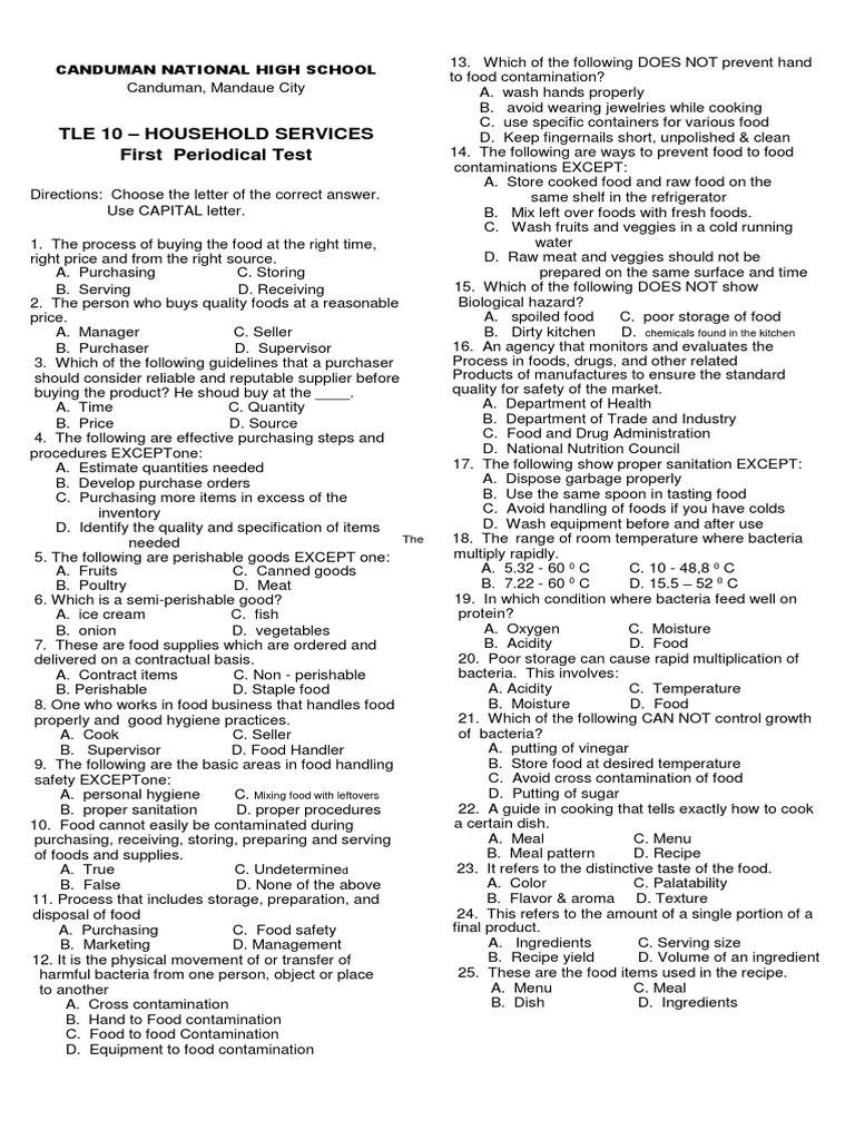 Periodical Test - TLE 10 1st Grading | PDF | Grilling | Foods