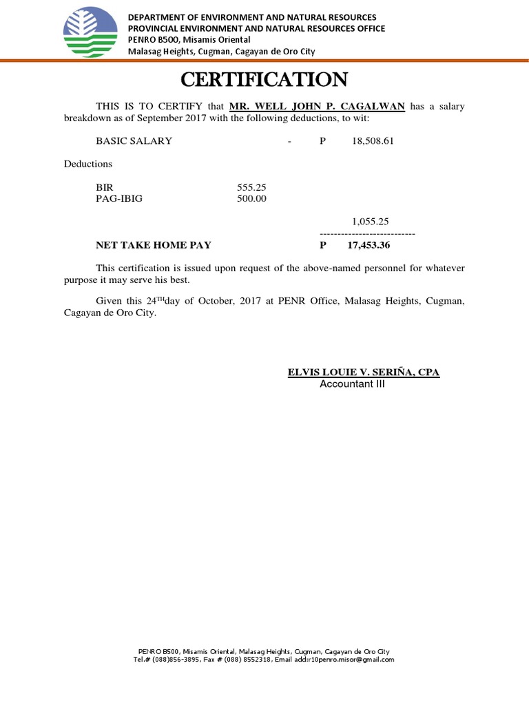Certificate of Net Take Home Pay | PDF