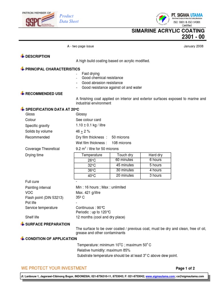 Simarine Acrylic Coating: Product Data Sheet | PDF | Acrylic Paint ...