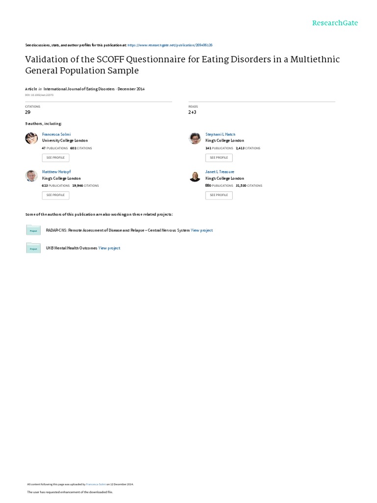 Validation of The SCOFF Questionnaire For Eating Disorders in A ...