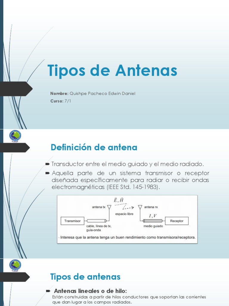 Tipos de Antenas: Nombre: Quishpe Pacheco Edwin Daniel Curso: 7/1 ...