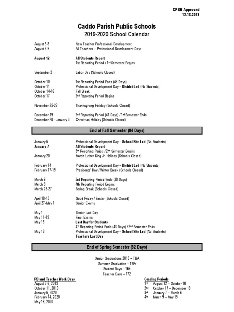 CPSB 2019-2020 Calendar Approved | PDF | Academic Term | Public Holiday