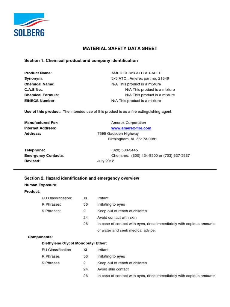 Material Safety Data Sheet: Section 1. Chemical Product and Company Identification | PDF ...