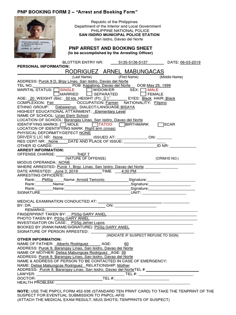 PNP Arrest and Booking Form Template | PDF | Law Enforcement | Crime ...