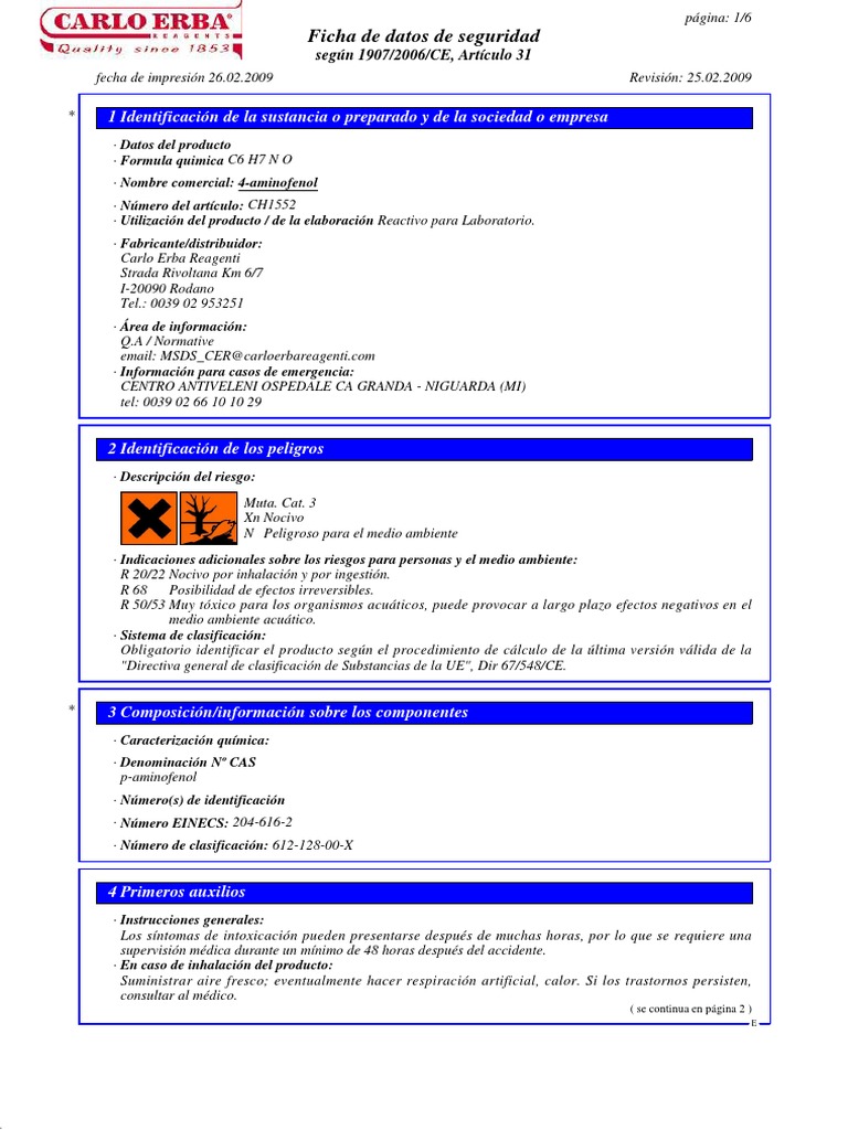 Ficha de Seguridad: 4-Aminofenol | PDF | Guante | Agua