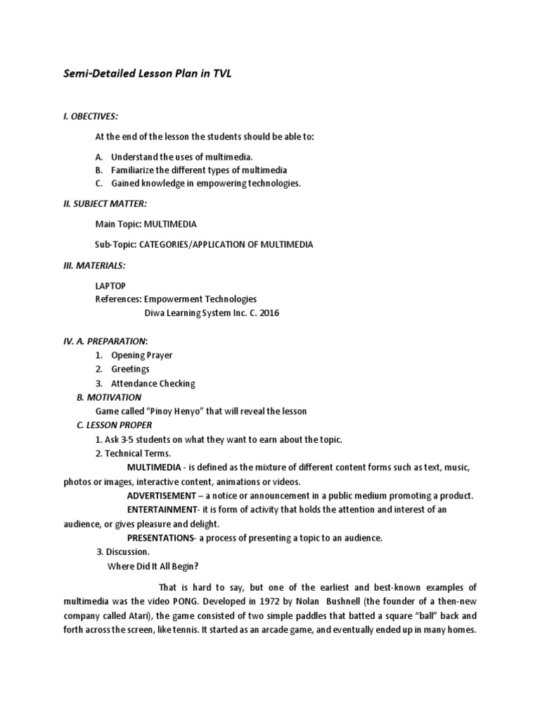 Multimedia Lesson Plan for TVL Class | PDF | Multimedia | Behavior ...