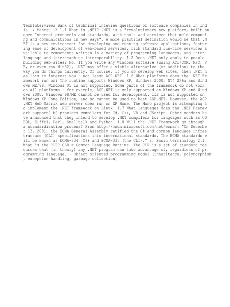Sharp Interview Questions Pdf Component Object Model C Sharp Programming Language