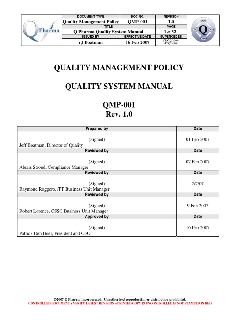 Quality Management Policy Quality System Manual QMP-001 Rev. 1.0 | PDF ...