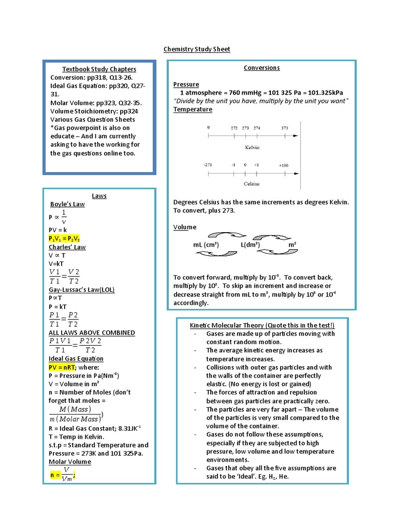 Chemistry Study Sheet | PDF | Gases | Mole (Unit)