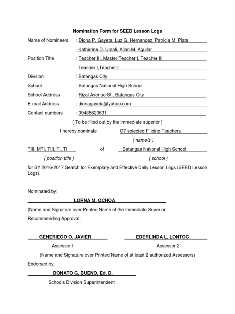 Nomination Form For SEED Lesson Logs | PDF | Science & Mathematics