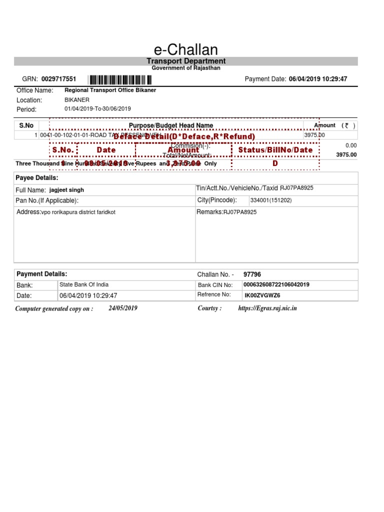 Bikaner RTO Road Tax Receipt | PDF