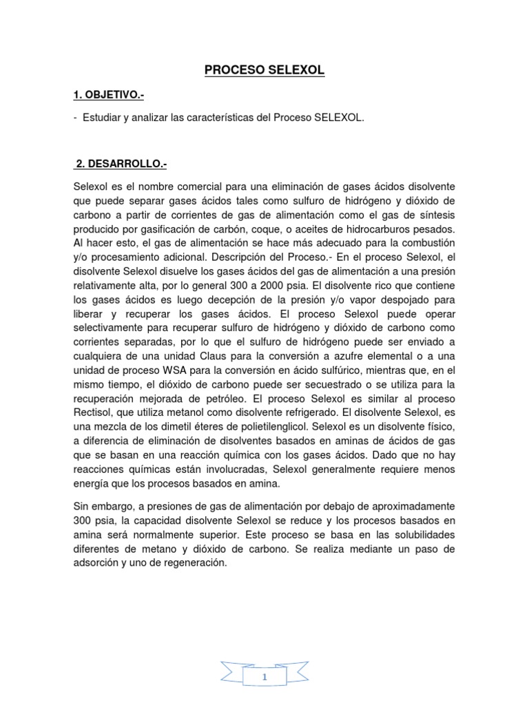 Proceso Selexol: Análisis y Ventajas | PDF | Gas natural | Ácido