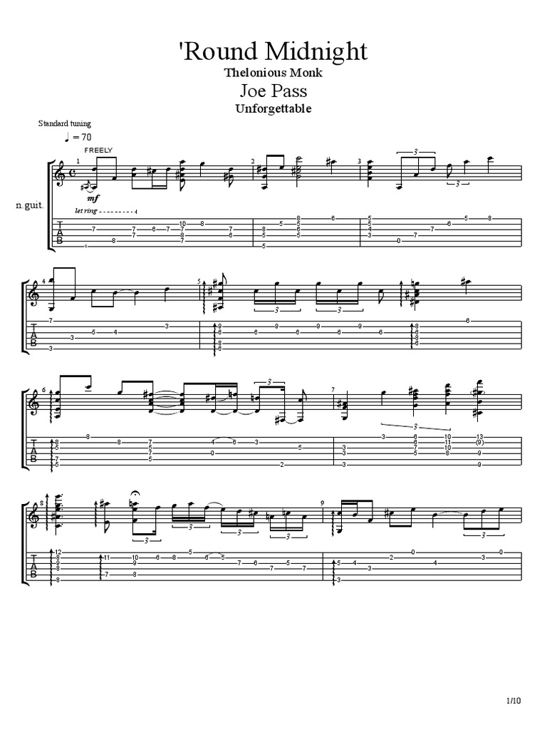 Round Midnight - Monk - Joe Pass | PDF | Jazz | Compositions