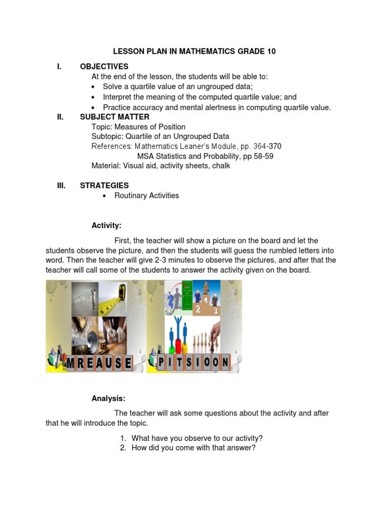 Grade 10 Math Lesson: Quartiles Explained | PDF | Teaching Mathematics | Statistical Analysis