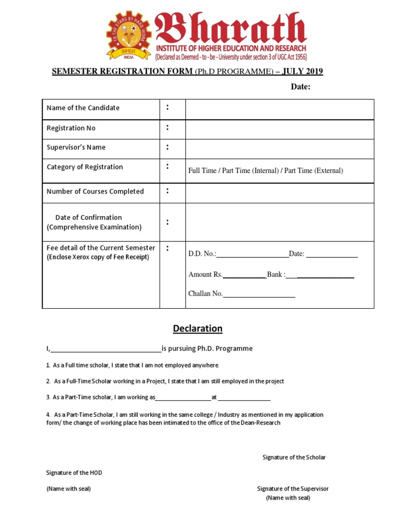 Semester Registration Form July 2019 | PDF | Doctor Of Philosophy ...