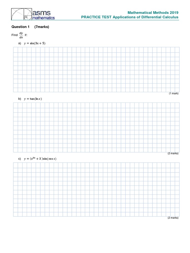 Mathematical Methods 2019 PRACTICE TEST Applications of Differential ...