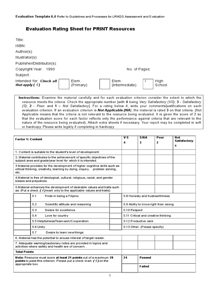 6.4 Evaluation Rating Sheet For PRINT Resources | PDF | Bias | Critical ...