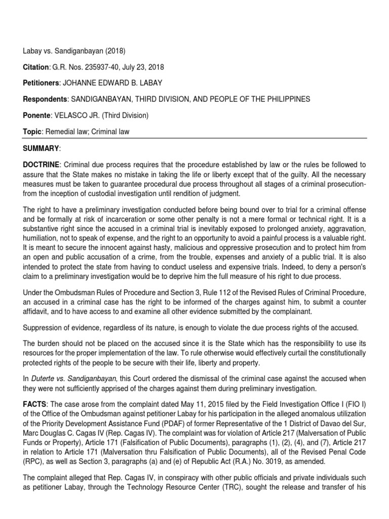 Labay vs. Sandiganbayan: Due Process Issues | PDF | Complaint ...