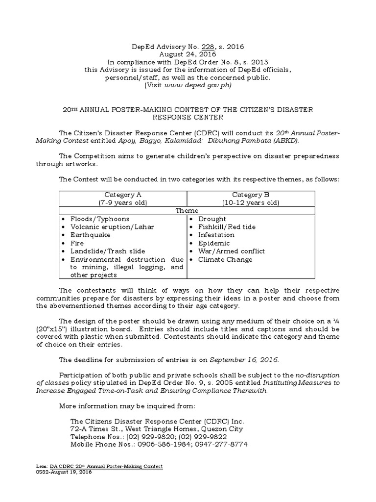 Annual Poster-Making Contest Entitled Apoy, Bagyo, Kalamidad: Dibuhong ...