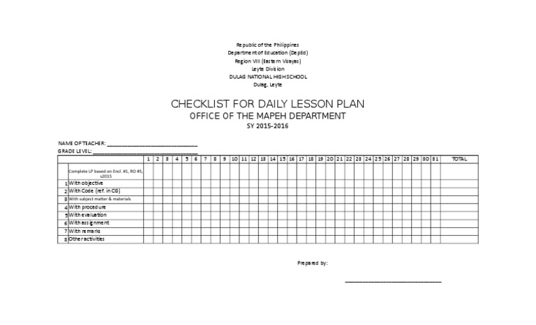 Checklist For Daily Lesson Plan: Office of The Mapeh Department | PDF
