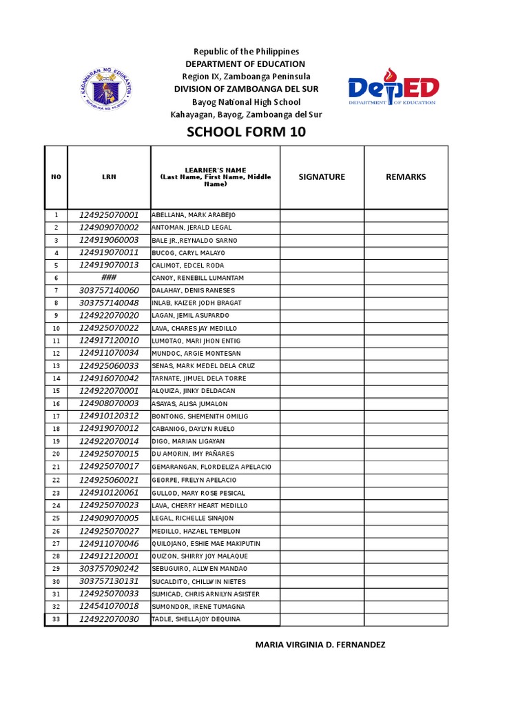 School Form 10: Department of Education Division of Zamboanga Del Sur | PDF