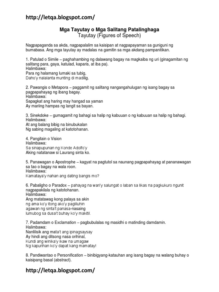 Tayutay o Salitang Patalinghaga | PDF