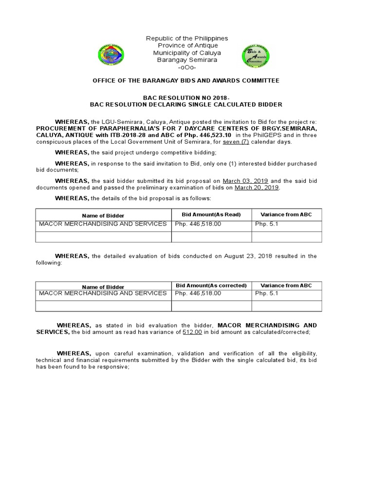 Barangay BAC Resolution for Sole Bidder | PDF | Government | Business