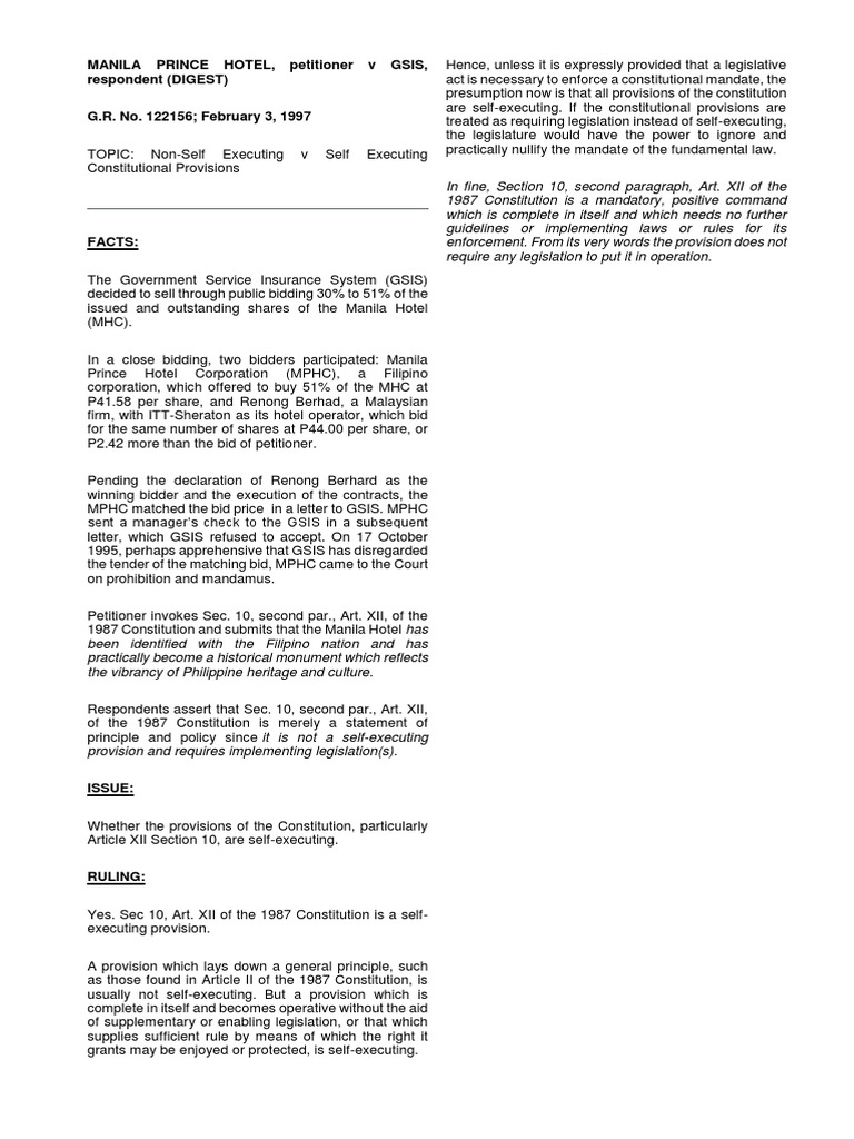 Manila Prince Hotel, Petitioner V Gsis, Respondent (DIGEST) | PDF ...