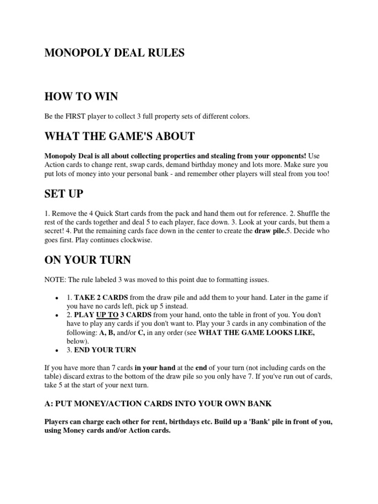 Monopoly Deal Rules PDF | PDF | Consumer Goods | Toys