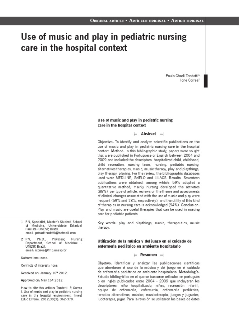 Use of Music and Play in Pediatric Nursing Care in The Hospital Context ...