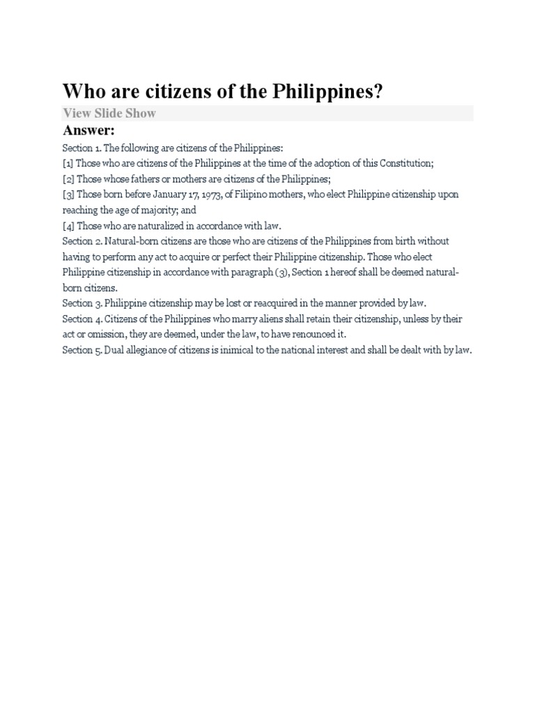 Who Are Citizens of The Philippines?: Answer | PDF | Citizenship ...