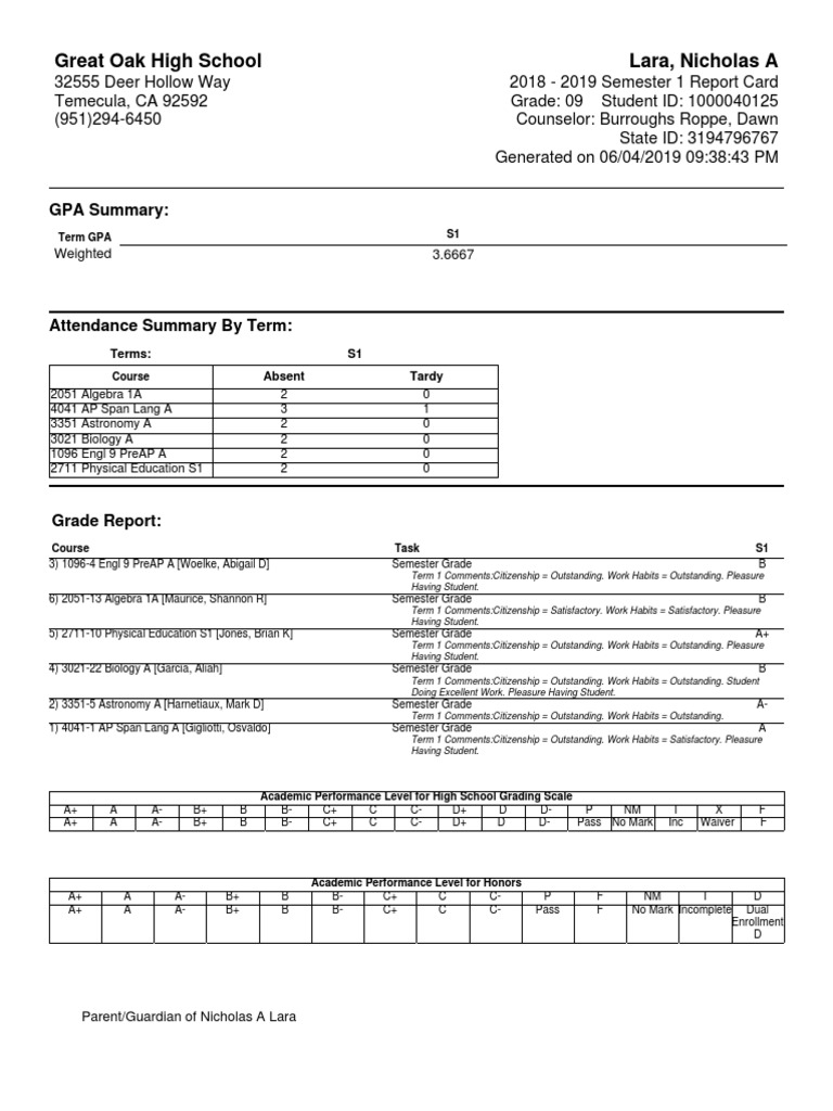 Semester One Report Card Nicholas | PDF | Statistics Of Education ...