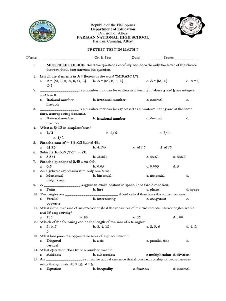 Pre Test Math 7 | PDF | Numbers | Fraction (Mathematics)