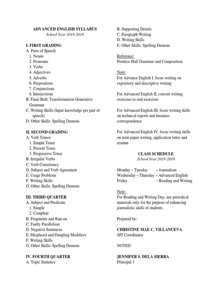 Advance English Syllabus 7 | PDF | English Language | Part Of Speech