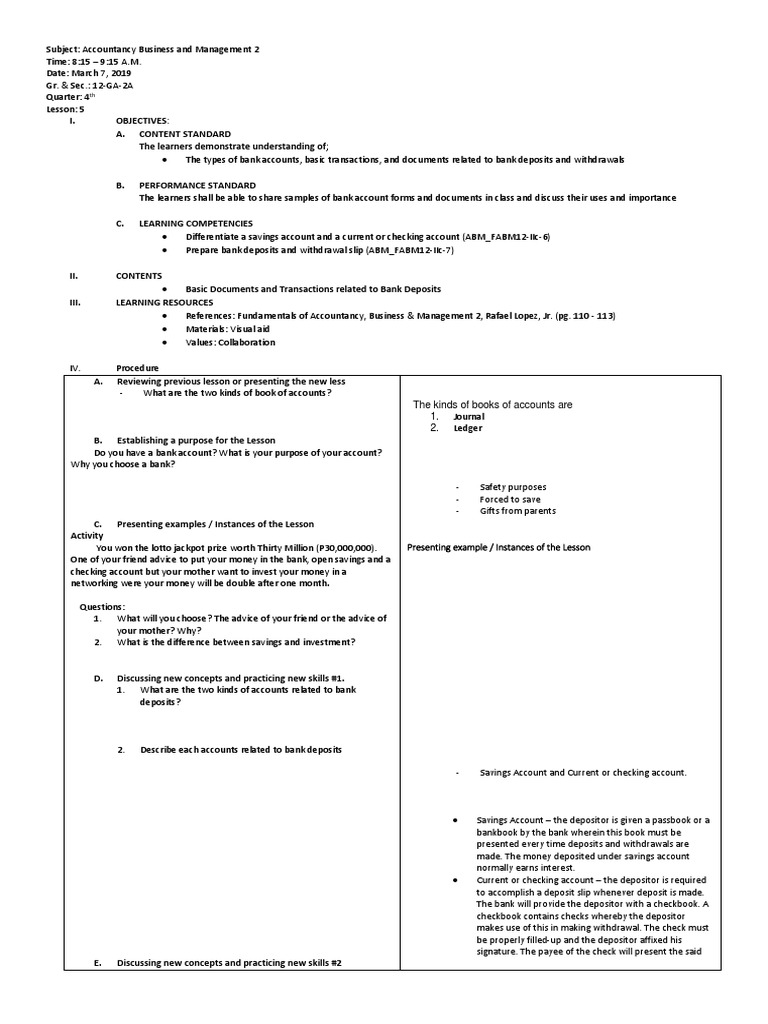 Lesson Plan - Basic Documents and Transactions Related To Bank Deposits ...