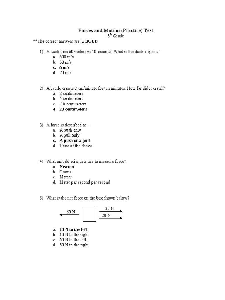 Forces and Motion Practice Test | PDF | Force | Gravity