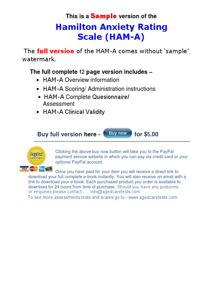 Hamilton Anxiety Rating Scale (HAM-A) SAMPLE | PDF | Anxiety Disorder ...