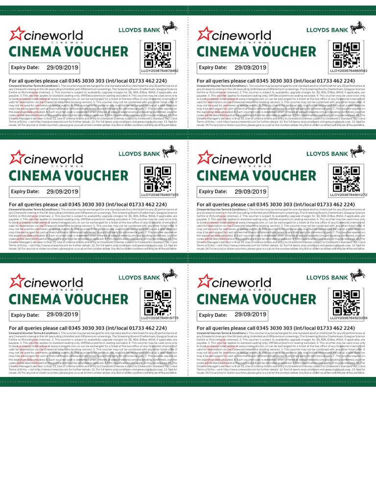 Cinema Voucher Cinema Voucher: LLOY2036764878462 LLOY2036764889543 ...