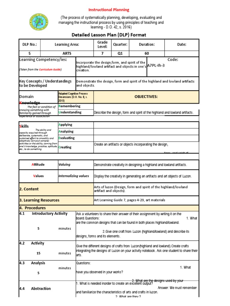 Detailed Lesson Plan (DLP) Format: Learning Competency/ies: Code: A7PL-Ih-3 | PDF | Design ...