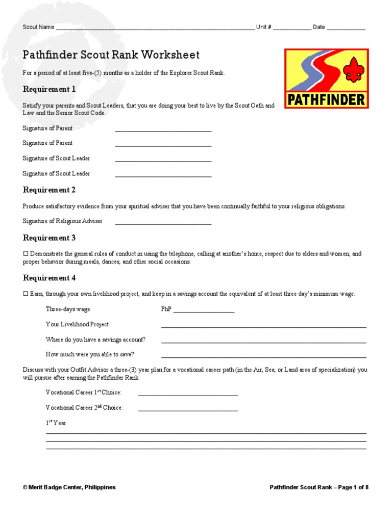 Ws RNK Sspathfinder Pathfinder Rank Worksheet For Senior or Boy Scouts ...