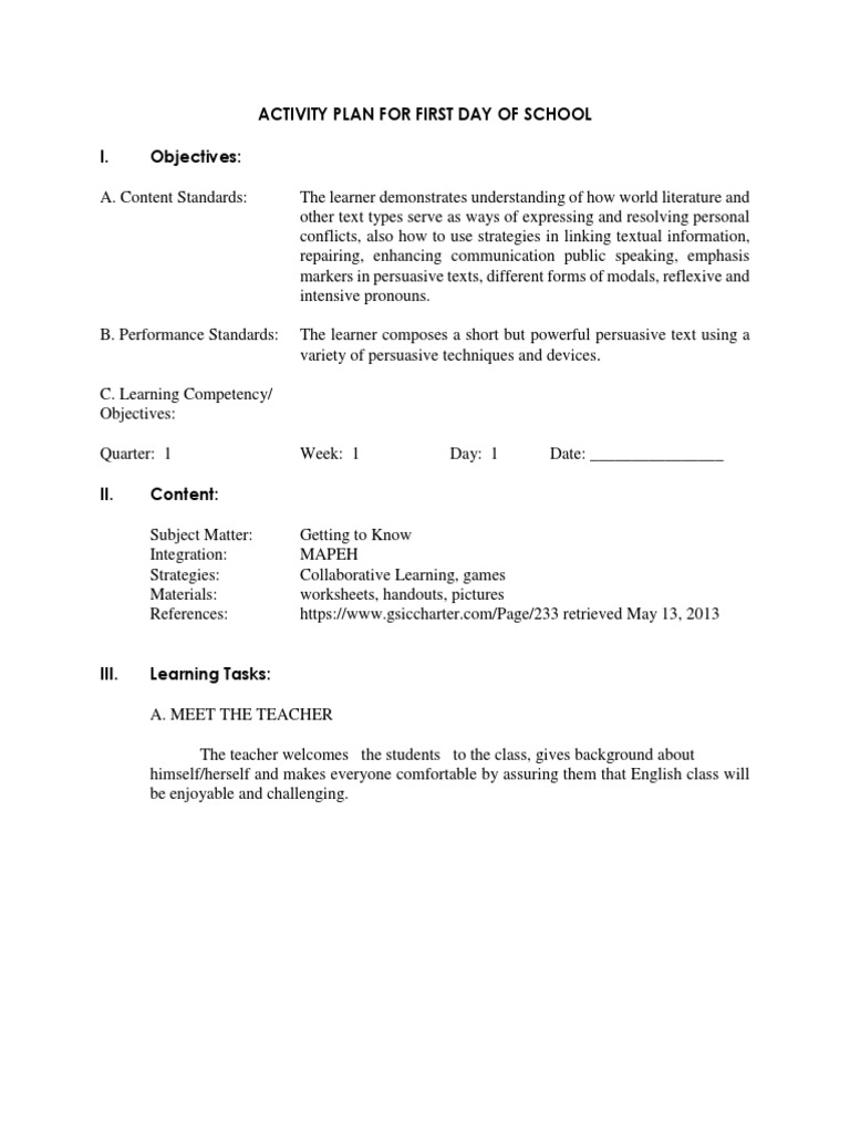 Activity Plan For First Day of School Eng 10 | PDF | Learning | Teachers